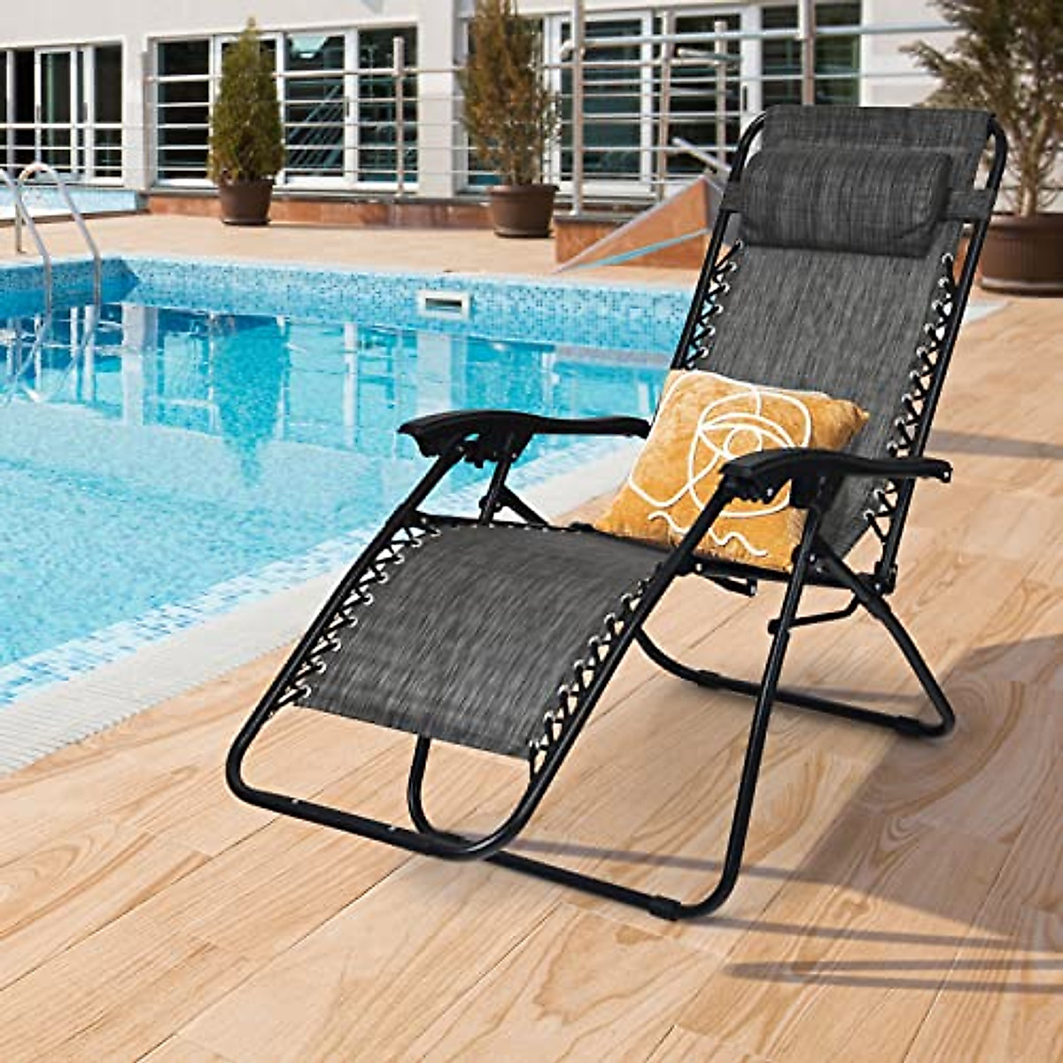 Tangkula 3 Pieces Outdoor Zero Gravity Chair Set, Folding Reclining Lounge Chair with Adjustable Backrest, Head Pillow, Matching Table with Cup Holder, Camping Recliner for Poolside, Yard (Grey)