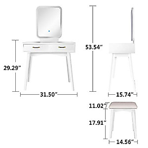 FUNKOCO Vanity Table Set with Lighted LED Touch Screen Dimming Mirror,Makeup Dressing Table with 2 Sliding Drawers, 1 Cushioned Stool for Bedroom, Bathroom (White)