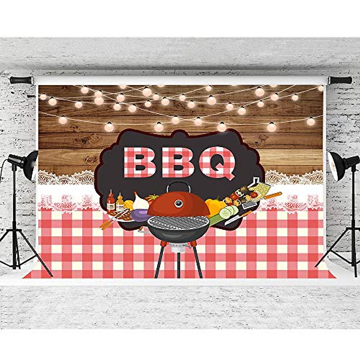 BBQ Backdrop FHZON 7x5ft Brown Wooden Board String Lights Lace Barbecue in The Wild Photo Background for Groovy Party Decorations Studio Props BJYYFH38