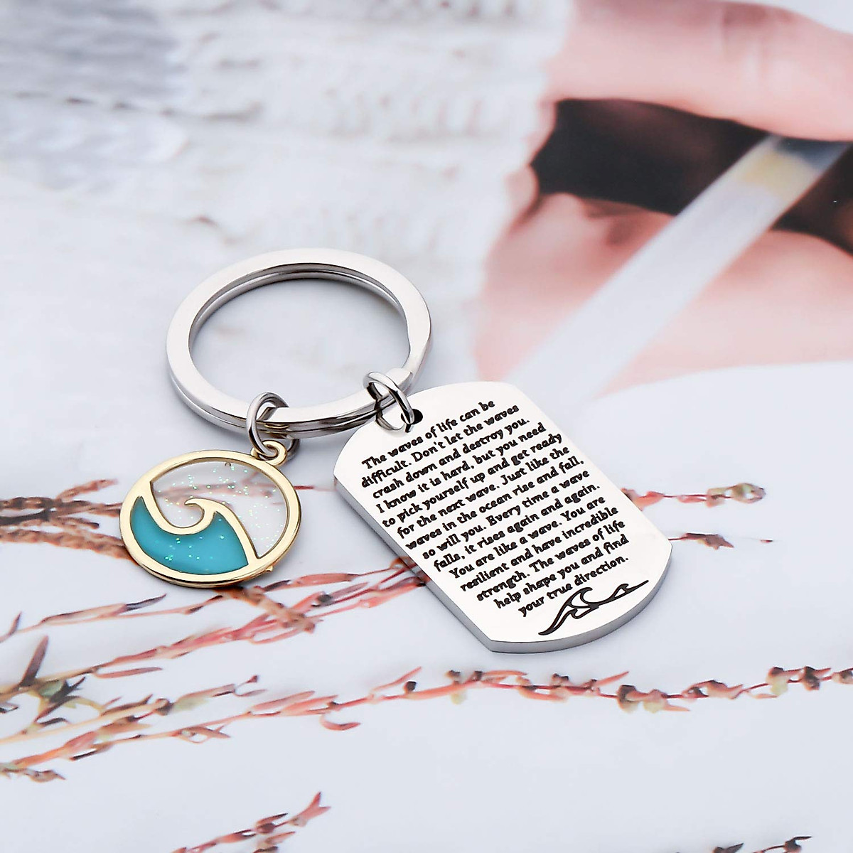 UJIMS Inspirational Quote Gift Ocean Wave Keychain The Waves Of Life Can Be Difficult Encouragement Jewelry for Her (Ocean Wave Keychain)