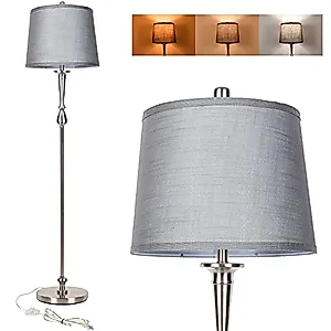 Dott Arts Tall Floor Lamp for Living Room Bedroom, 3 Color Temperature Standing Lamp with Grey Linen Shade, Modern Floor Lamp with 9W LED Bulb, Elegant Nickel Finish Reading Floor Lamps, Foot Switch
