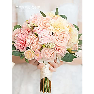 PERFNIQUE Pink Artificial Flowers Combo Box, Set of 47pcs Faux Flowers, Fake Floral Arrangements for DIY Wedding Bouquets Centerpieces with Roses, Baby Shower Party Home Decorations(Peach Pink)