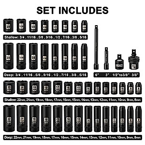 Mayouko 48 Pieces 3/8" Drive Impact Socket Set, SAE/Metric, 6 Point, CR-V, Includes Extension Bar, Adapter, Universal Joint