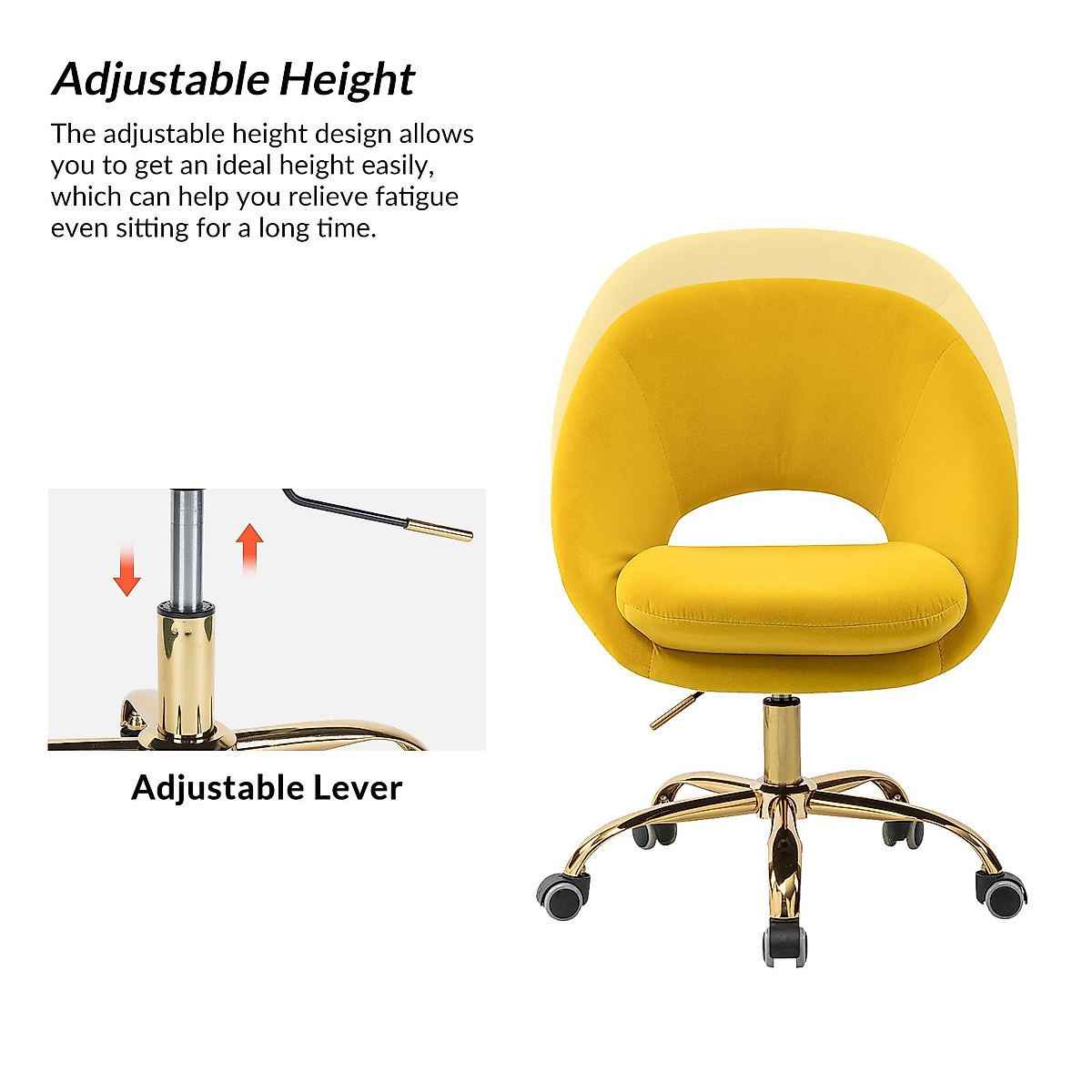 TINA'S HOME Modern Velvet Office Chair with with Adjustable Swivel, Comfy Upholstered Desk Chair with Open Back, Small Cute Chair for Living Room Study Vanity, Yellow