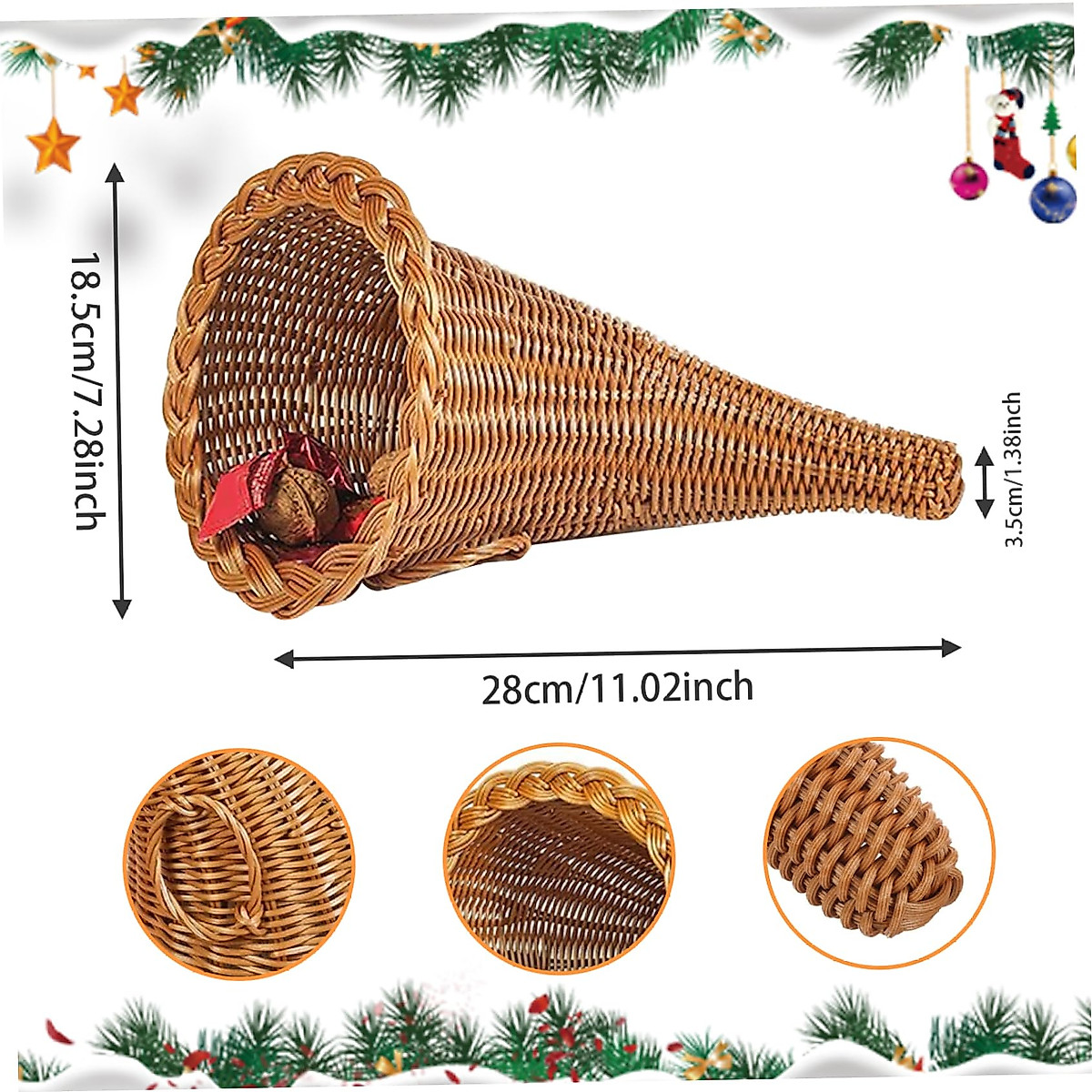 Cornucopia Basket Centerpiece 11 Inch Height Christmas Cornucopia Centerpiece Horn Shape Weaven Basket Table Decorations for Fall Harvest Thanksgiving Decor Collectible Figurines