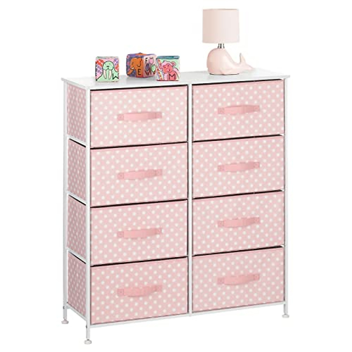 mDesign 38.31" High Steel Frame/Wood Top Storage Dresser Furniture, 8 Fabric Drawers, Large Bureau Organizer for Baby, Kid, Teen Bedroom, Nursery, Playroom, Dorm, Pink/White Polka Dot