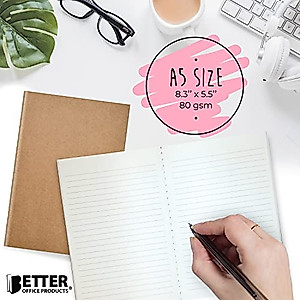 Kraft Notebooks with Lined Paper, Bulk Pack 8.3 in x 5.5 in, A5 Size, 60 Lined Ivory Pages, 80 gsm, by Better Office Products, Soft Cover Composition Notebooks, Stitched Spines, Kraft Travel Journals (12 Pack)