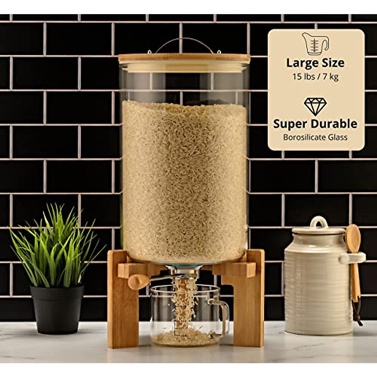 15 lbs/8 Liter Rice Dispenser, an Elegant Glass Rice Dispenser, Rice Container, Grain Dispenser, Rice Storage, Rice Holder, Rice Bin, Rice Dispenser with Bamboo Wood Stand