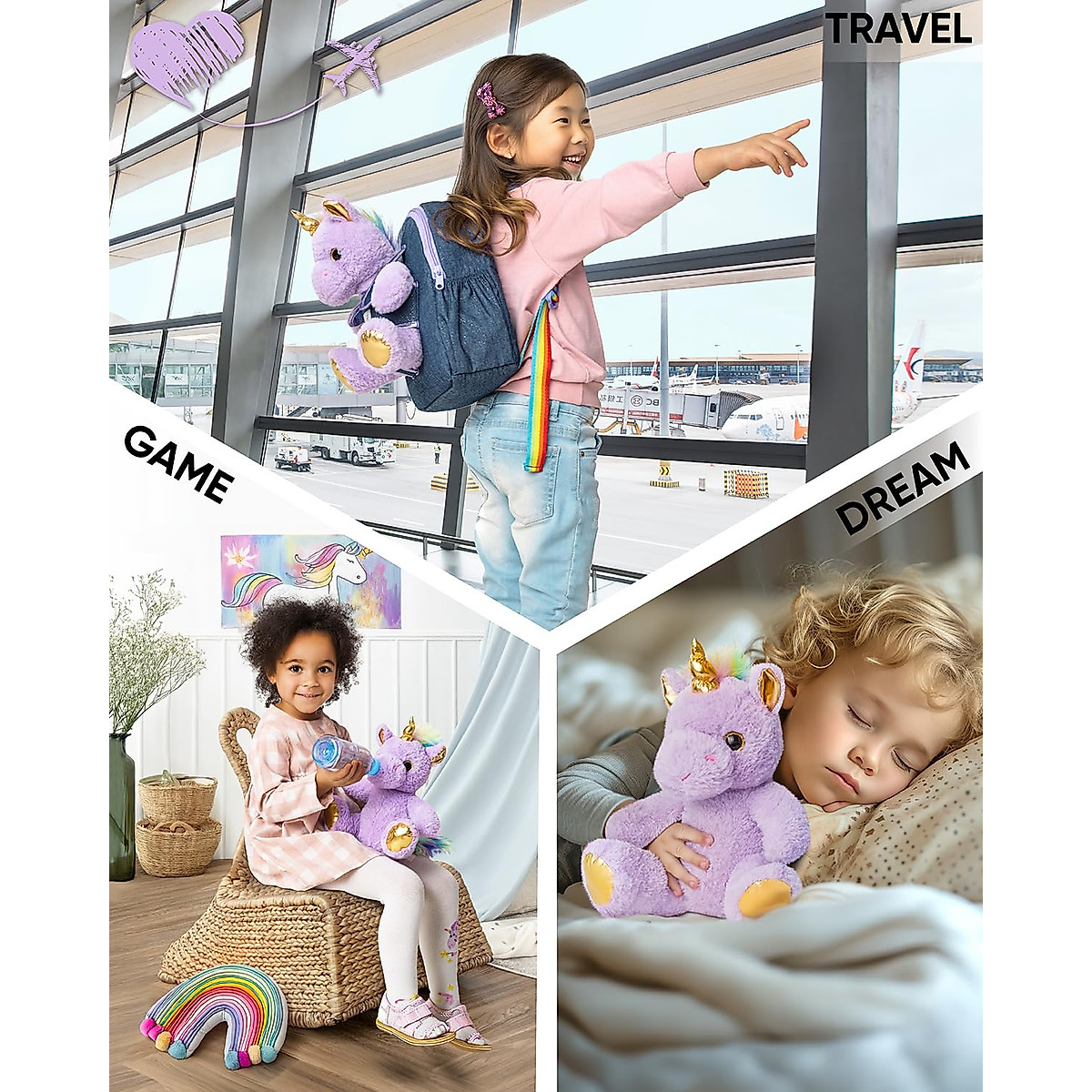 Naturally KIDS Small Unicorn Backpack - 3 - 4 Year Old Girl Gifts - Toddler Backpack for Girl Boy w Stuffed Animal - Toys for 3 Year Old Girls - w Pockets & Reflective Logo - Backpack w Purple Unicorn