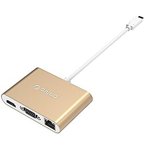 ORICO RCNB-GD Multi-Functional Type-C USB Hub, Aluminum, RJ45 LAN, HDMI, VGA, Type-C x 1, USB 3.0 x 2, PD Function, 2 Colors, Gold