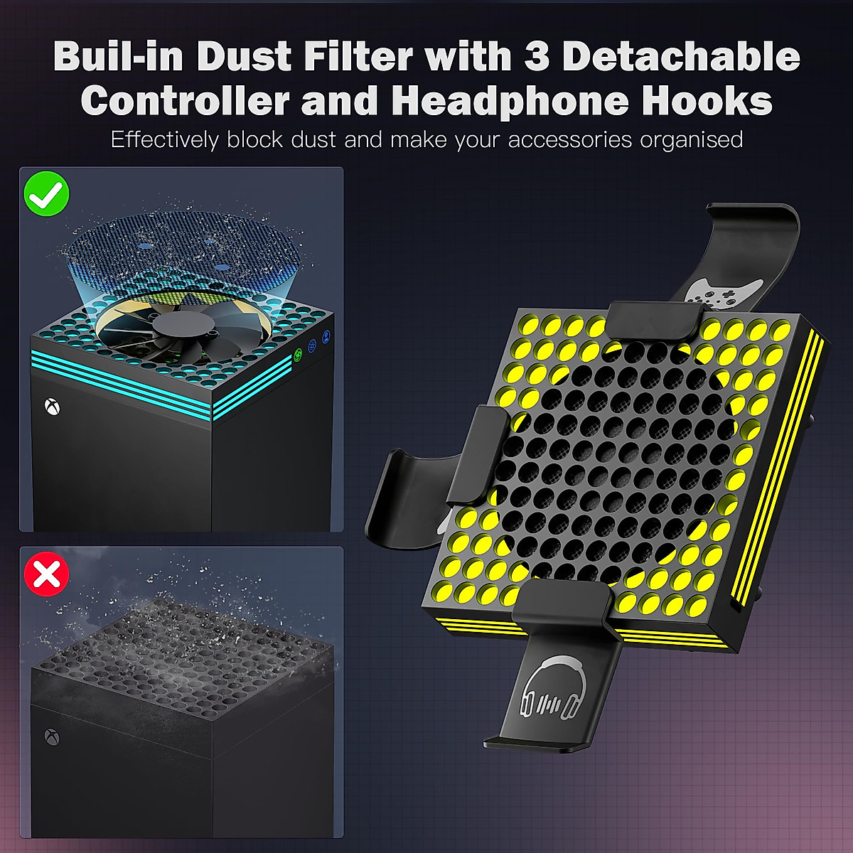 Wall Mount with RGB Cooling Fan for Xbox Series X - includes 4 Controller Holders and 2 Headphone Stands