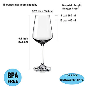 KOXIN-KARLU Unbreakable Classic 18 ounce All-Purpose Plastic Stem Wine Glasses Acrylic Glasses, Set of 6 Clear