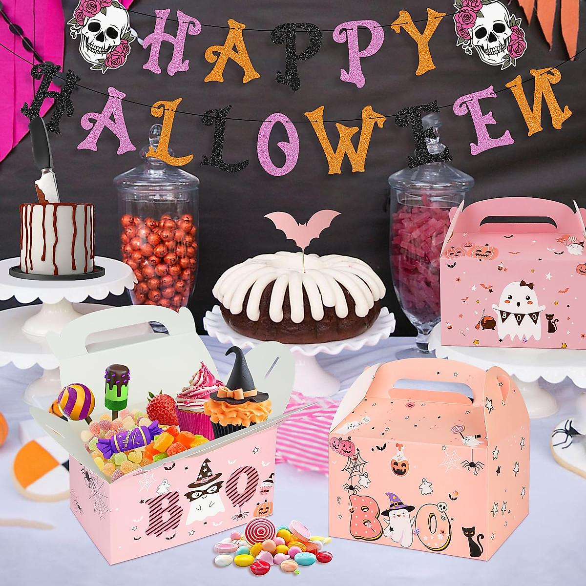 Konsait Halloween Boo Boxes, 12 Pack Kraft Paper Halloween Boo Treat Boxes Bulk, Pink Halloween Cookie Boxes, Halloween Boo Birthday Goody Boxes