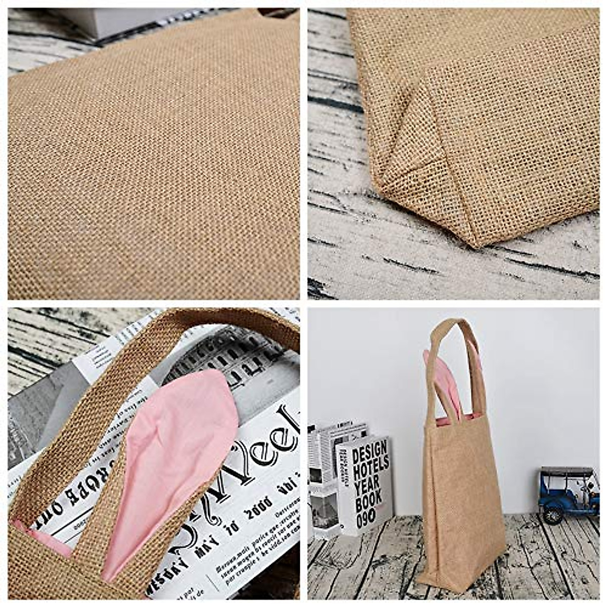 KEFAN 3 Pack Easter Bags, Egg Hunting Bunny Ear Baskets Jute Burlap Reusable Tote Bags for kids DIY Blank Gift Tote Bags