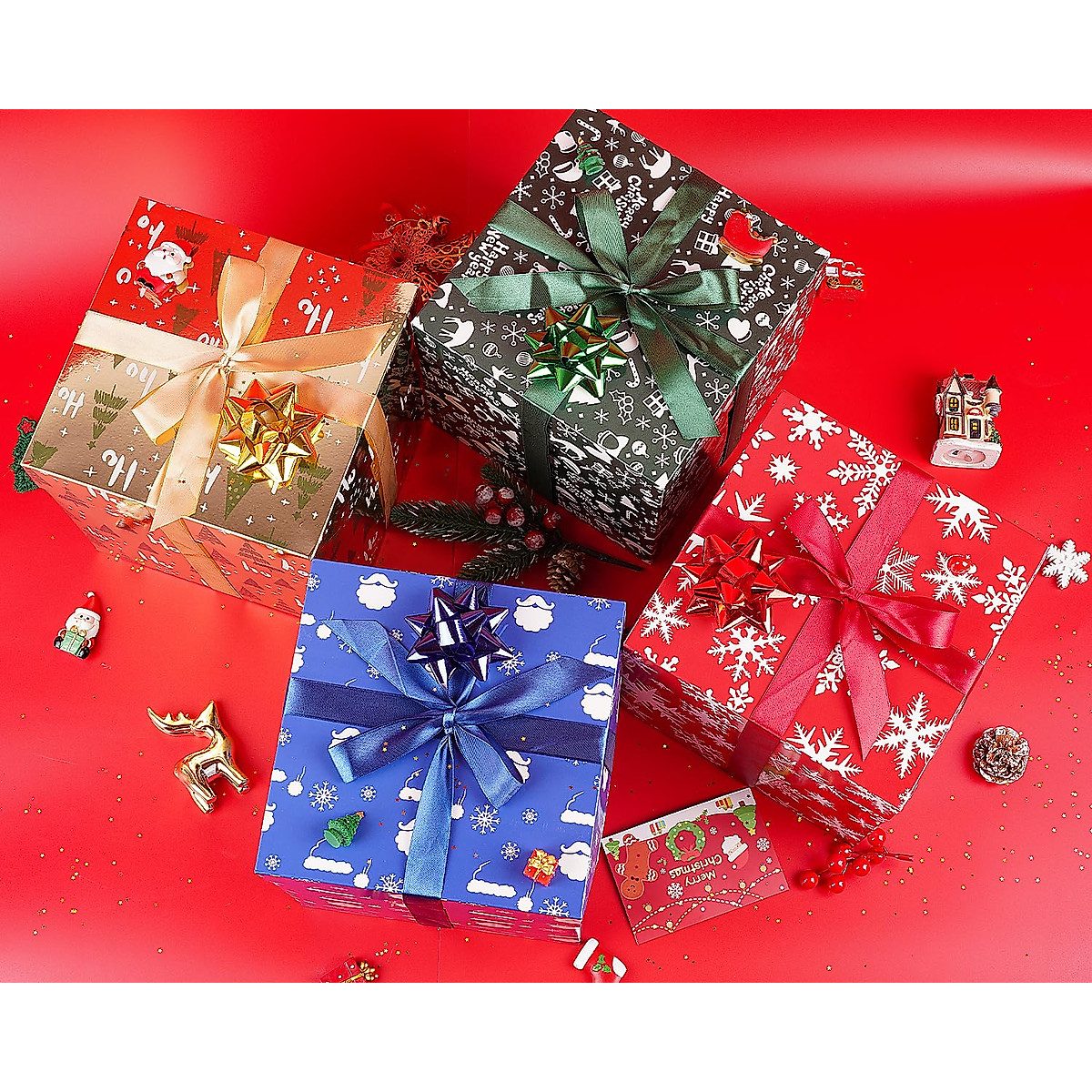 JWSCYSY Assorted Designs Christmas Gift Boxes with Lids, Tissue Papers and Ribbons, Medium Square Gift Boxes - 4 Pcs (8.7 Inch), Gift Wrapping Christmas Holiday New Year Presents Party Favor Boxes.