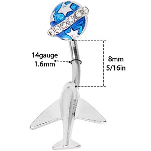 Body Candy Womens 14G Stainless Steel Navel Ring Piercing Blue World Traveler Airplane Belly Button Ring