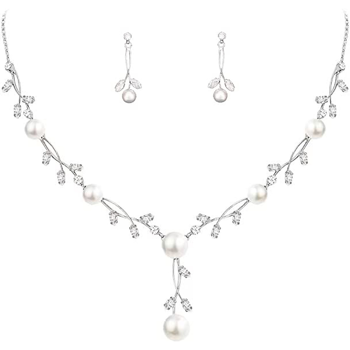 Luxury Cubic Zirconia Aurtrian Crystal Pearl Floral Necklace Dangle Earrings Wedding Bridal Jewelry Set Birthday Gifts for Her (Clear-Silver Plated)