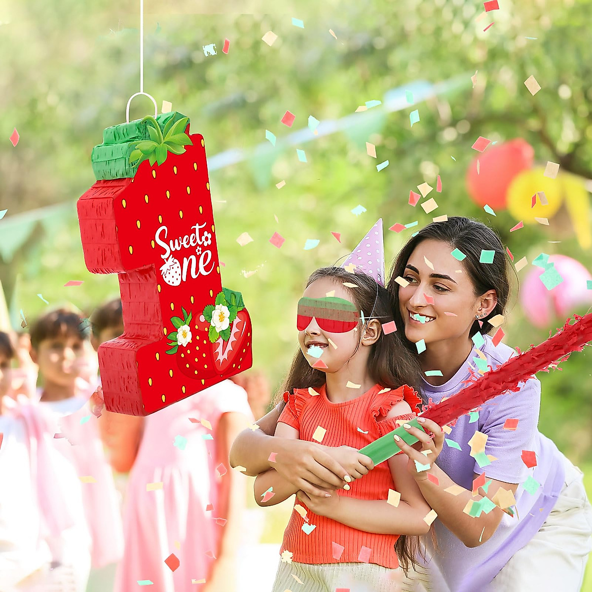 Aoriher Strawberry 1st Birthday piñata Strawberry piñata Summer Berry Strawberry piñata with stick Blindfold Mask Confetti for Girls Strawberry Theme Birthday Baby Shower Party Game Supplies Decor