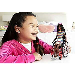 Barbie Fashionistas Doll #166 with Wheelchair and Ramp, Crimped Brunette Hair and Rainbow-Striped Dress with Accessories (Amazon Exclusive)