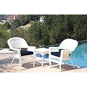 Jeco 3 Piece Wicker End Table Set with with Blue Chair Cushion, White