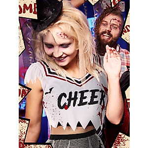 Xtinmee Halloween Zombie Cheerleader Costume for Women Girls Scary Cheerless Bloody Dress Pom Poms Hair Ropes Striped Socks (XL)