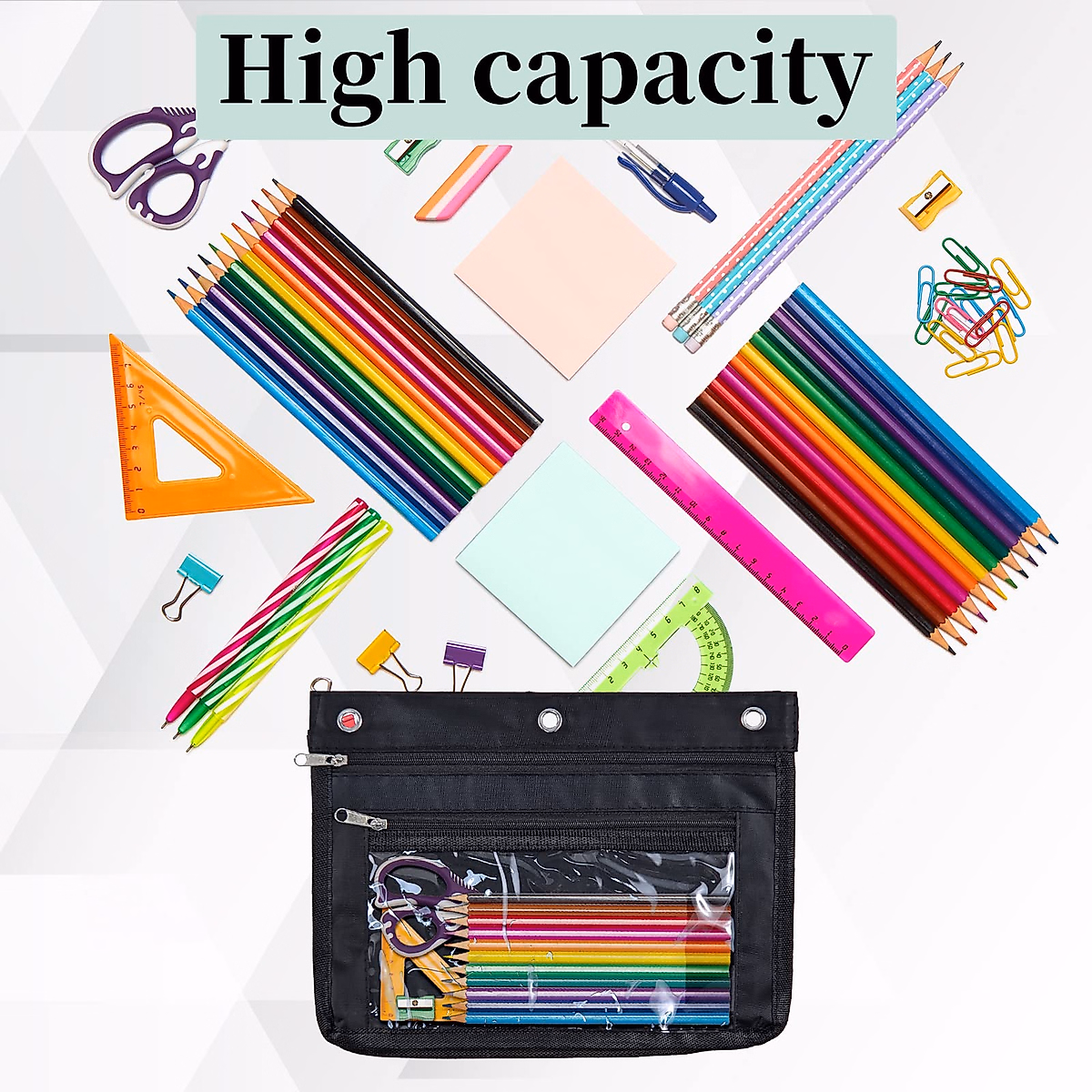 YoeeJob 2 Pack 1 Inch Expandable Zipper Pencil Pouches with Clear Window for 3 Ring Binder, Suitable for School & Office (Black)