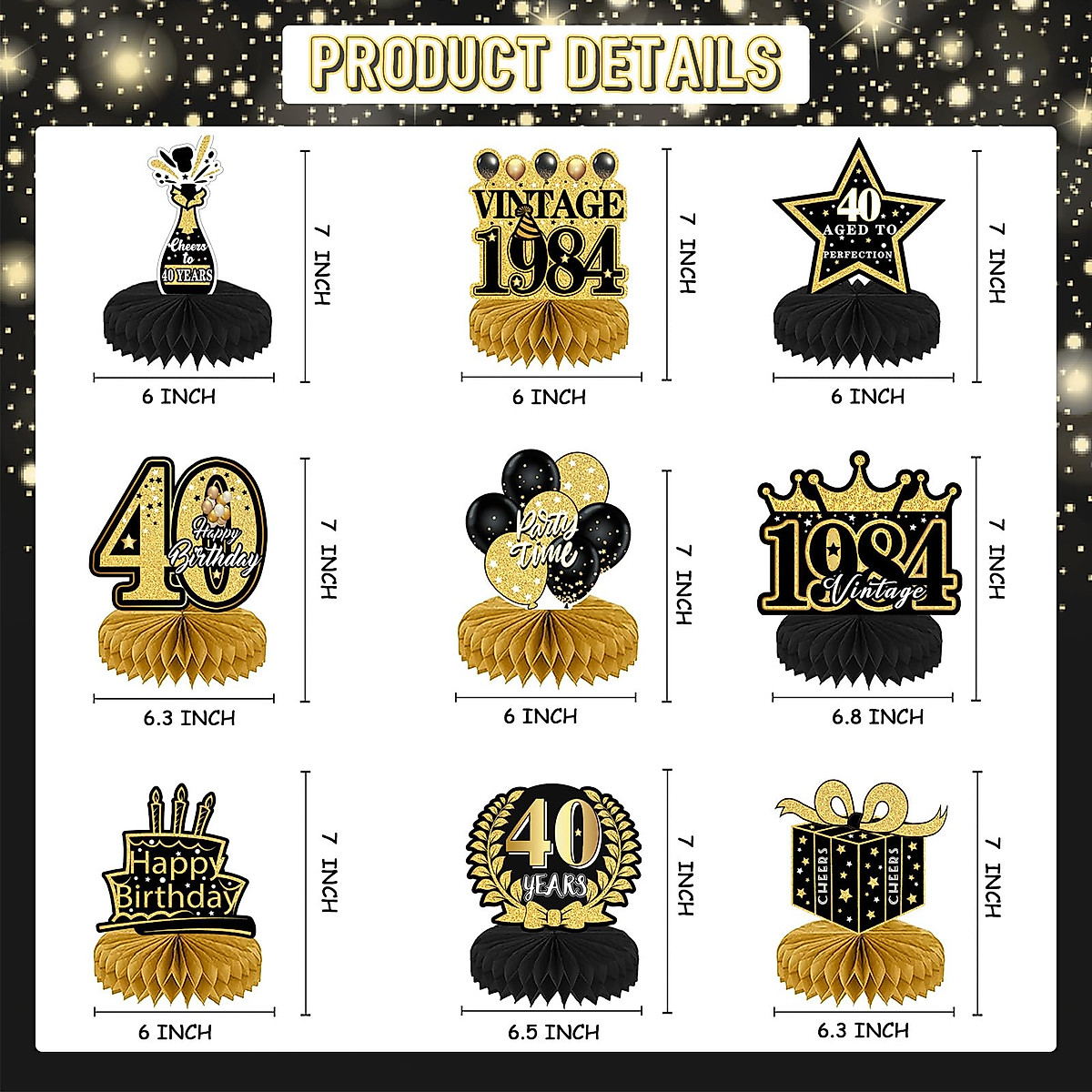 Refavor 9Pcs 40th Birthday Party Decorations - 40th Birthday Decorations for Men Women Black Gold Party Supplies Decorations Table Honeycomb Centerpieces Over the Hill Aged to Perfection Decor