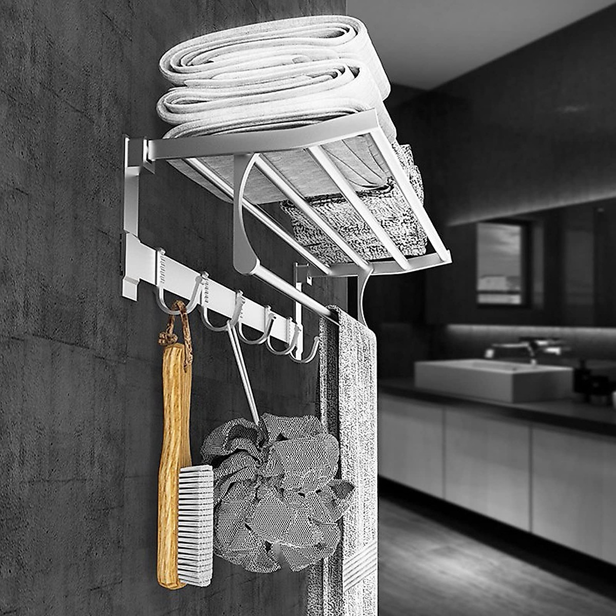 Bathroom Shelf Wall Floating Bathroom Bath Towel Rack with Shelf 23 Inch Wall Mounted Stainless Steel Bathroom Shelves with 5 Hooks Foldable Towel Holder Aluminum Floating Shelves Corner Shower Cadd