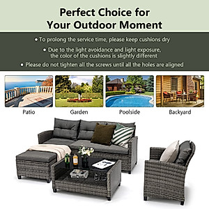 HAPPYGRILL 4 Pieces Patio Furniture Set Outdoor PE Wicker Sectional Sofa Set with Corner Sofa and Cushions, 2-Tier Coffee Table with Extra Storage Shelf, Patio Conversation Set for Poolside Backyard