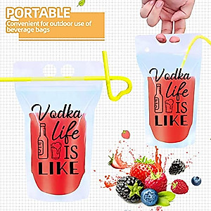 48pc Drink Pouches with Straws, Stand-Up Plastic Drink Pouches for Adults Bags with Zipper Party Beverage Bags Juice Pouches for Smoothie, Cold & Hot Drinks with 48 Drink Straws(48 Sets,6 Styles)