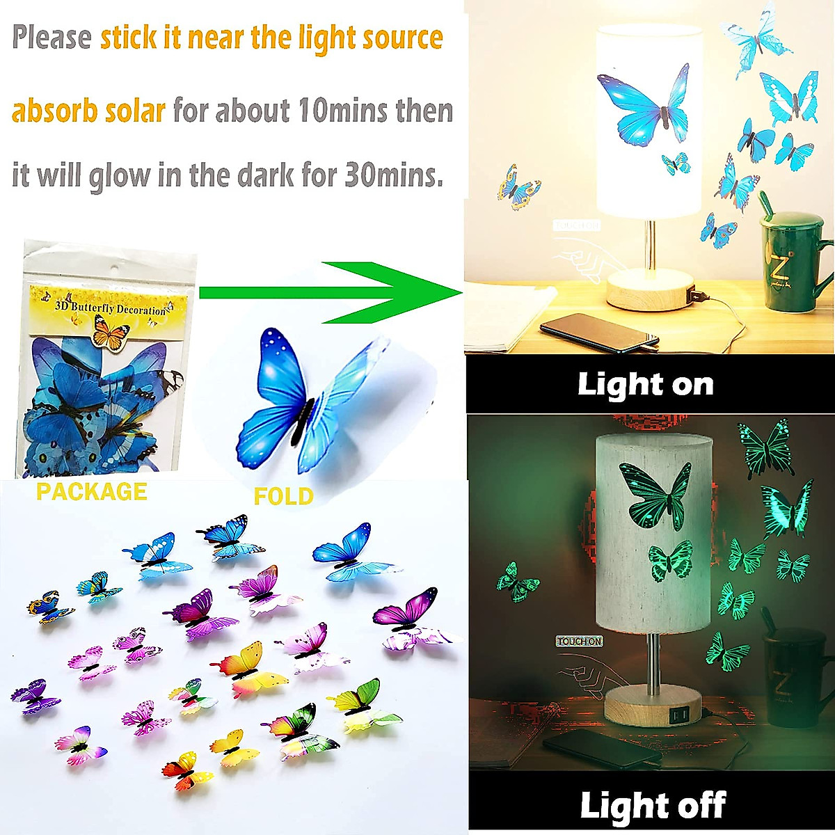 3D Butterfly Stickers, Glow in The Dark Butterfly Decals for Ceiling or Wall Decor, Adhesive 12pcs Butterflies for Kids Bedroom Nursery Living Room, Create a Realistic Butterflyry Home