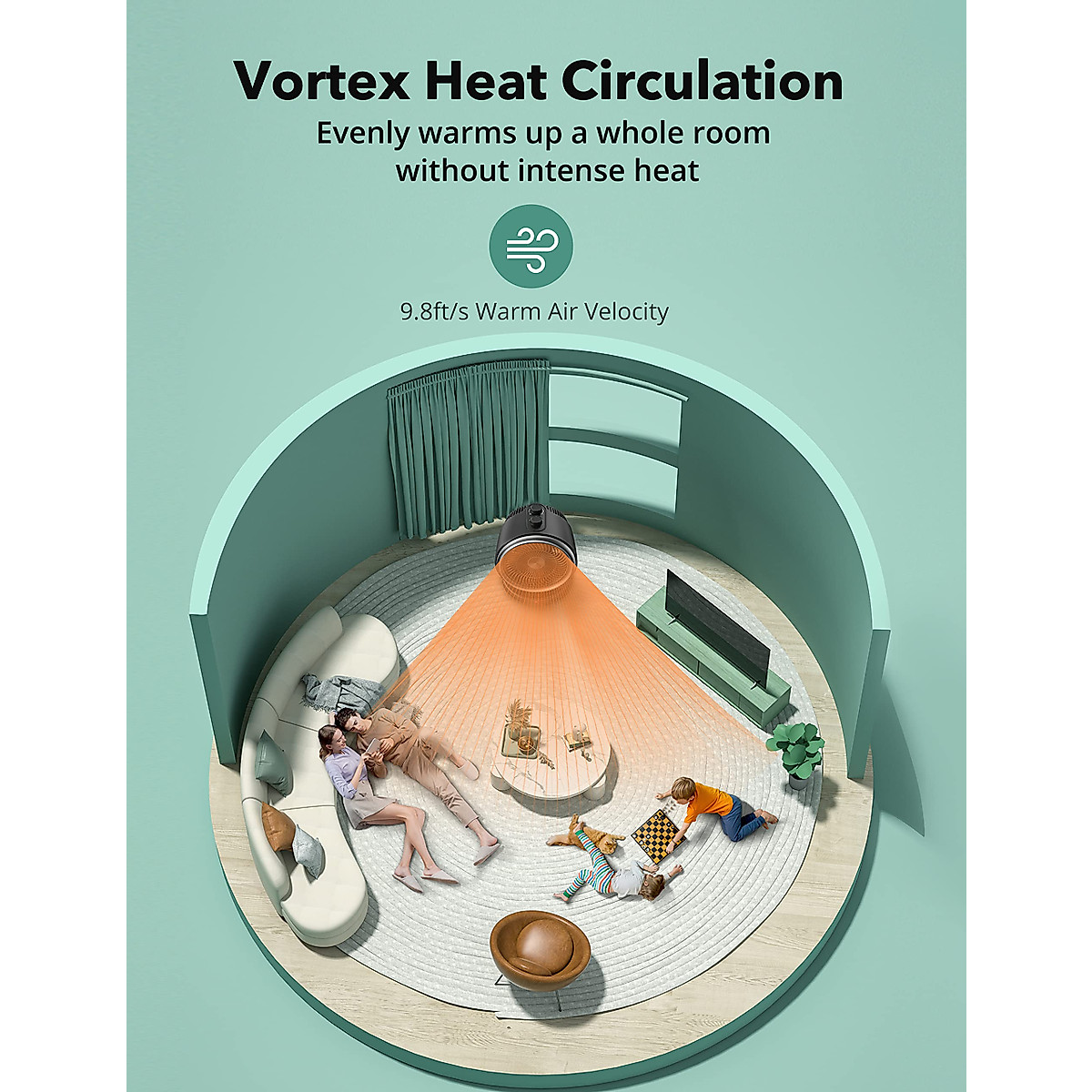 Space Heater Fan, 2-in-1 Vortex Portable Space Heater with Circulation Fan, 2 Heat and Fan Modes, 60°Wide Tilting Angle, Tip-over and Overheat Protections, Electric Heater for Bedroom Home Office Use