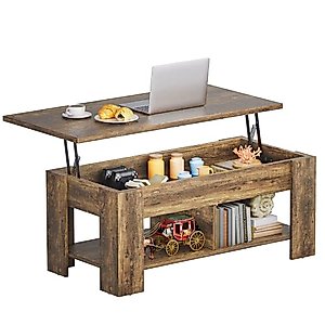 NOBLEWELL Coffee Table Lift Top with Storage Compartment and Separated Open Shelves, Pop Up Coffee Table for Living Room, 39.4in L, Vintage Brown