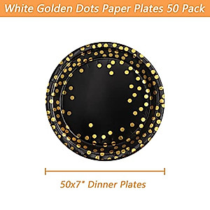 Birthdayparties Black and Gold Paper Plates 7 inch, Foil Polka Dots Disposable Paper Plates Golden Dots Party Supplies Plates 50 Pack