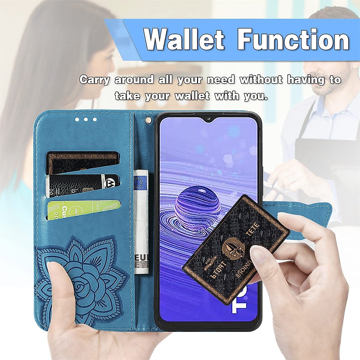 Ranyi for Lively Jitterbug Smart4 Case, Jitterbug Smart 4 Case, Butterfly Pattern Magnetic Wallet Case with Credit Card Holder Kickstand Flip Folio Leather Wallet Case for Jitterbug Smart4 -blue