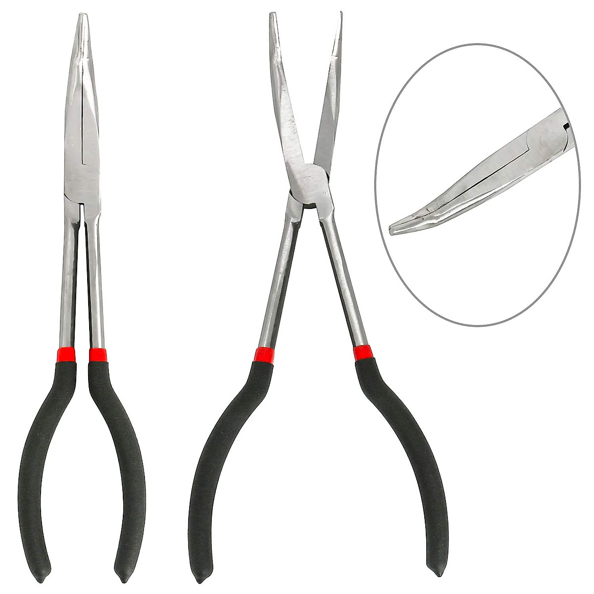 Amarine Made Long Needle Nose Pliers Set 11-inch Pliers 5-piece Set Nipper Bent Nose, Duckbill Pliers,End Cutting, Diagonal, Plug Cable Puller Reach Flat,45,90 Degree Angle, Straight,Curved Pliers