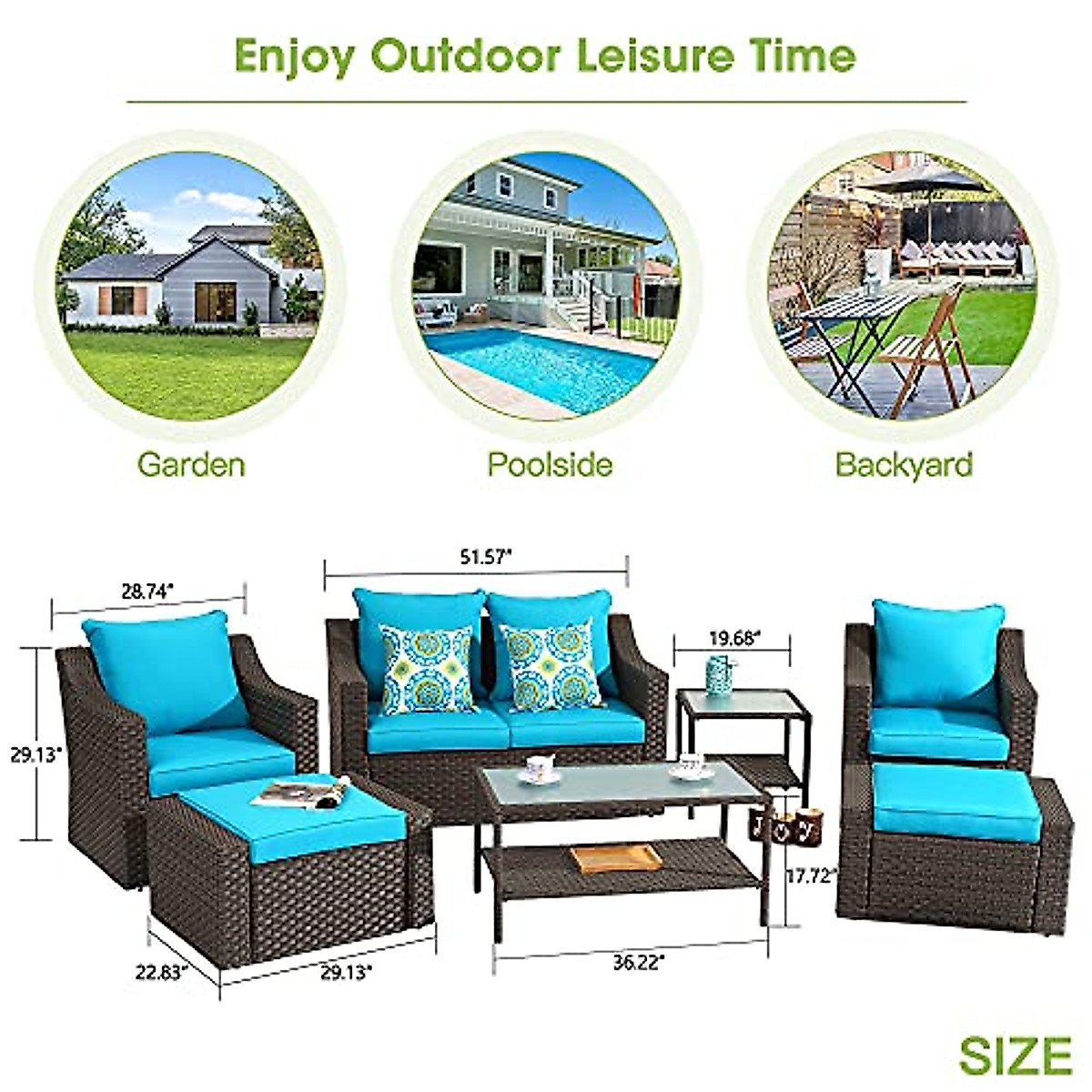 May in Color 7 Pieces Outdoor Patio Furniture Set, Wicker Conversation Set with Ottomans Cushions, Sectional Lounge Chair Sofa with Coffee Table, for Porch Deck Poolside Garden Balcony Backyard, Blue