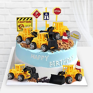 Newmemo 16pcs Construction Cake Topper Vehicles Cake Decoration Set Truck Excavator Tower Crane Cupcake Topper Traffic and Road Sign Decor Happy Birthday Party Supplies Favors for Kids Boys