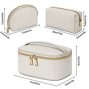KTMOUW Makeup Bag 3 Pcs Waterproof Cosmetic Bag Set Portable Travel Cosmetic Bag Multifunction Organizer Storage Bag Weave Toiletry Bag for Women, Beige