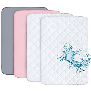 Pack and Play Sheets and Waterproof Pack n Play Mattress Protector Pad Cover 4 Pack Set, Ultra Soft Pack n Play Mattresses Sheets Compatible with Graco Pack n Play, Grey&Pink