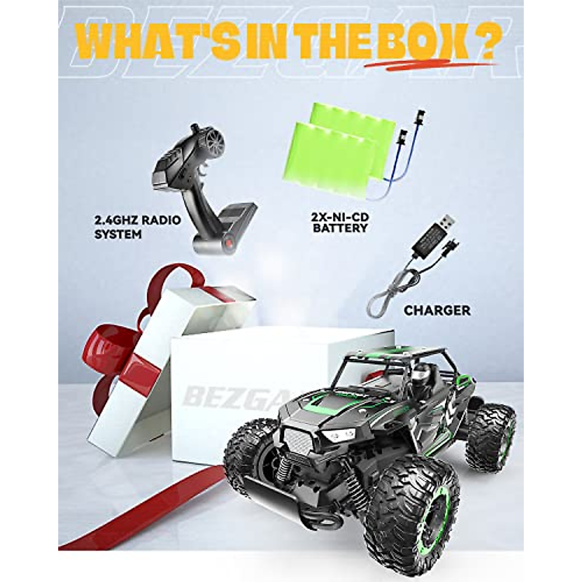 BEZGAR TB142 RC Cars-1:14 Scale Remote Control Car, 2WD High Speed 20 Km/h All Terrains Electric Toy Off Road RC Vehicle Truck Crawler with Two Rechargeable Batteries for Boys Kids and Adults-Green