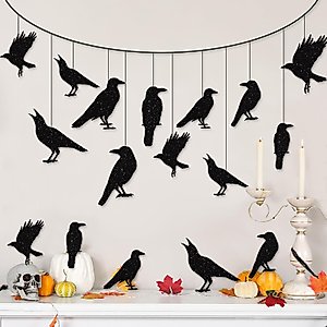 40pcs Glitter Black Crow Halloween Decorations Bird Raven Hanging Banners for Gothic Halloween Garland Backdrop Centerpiece Halloween Wall Cutouts for Horror Theme Birthday Wedding Yard Party Supplies