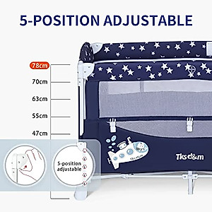Tksd&m Portable Baby Playard, 2 in 1 Convertible Pack and Play with Comfortable Mattress, 5 Height Adjustable Bedside Crib, Foldable Crib (Navy)