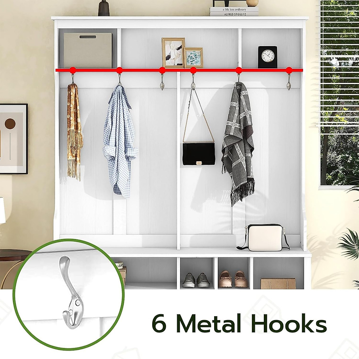 Rovibek Hall Tree with Bench and Shoe Storage Coat Rack 60in Entryway Bench Wooden Shoe Rack Storage Cabinet Shelf Entryway Furniture Home Organizer for Living Room Entryway, White