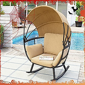 Crestlive Products Patio Egg Chair, Outdoor Indoor Rocking Sofa Chair with Folding Canopy, All Weather Aluminum Lounge Chair w/Cushion & Sun Shade Cover for Living Room, 265lb Capacity (Black & Tan)