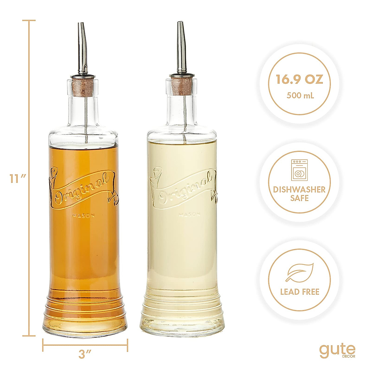 Mason Jar Oil and Vinegar Cruet Bottles - Set of 2-16.9oz - Authentic Original Olive Oil Glass Dispenser Set, Leak Free, Strong Stainless Steel Top with Weighted Pourer & Cork Base, Farmhouse Décor