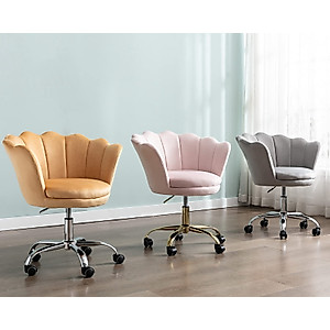 CIMOTA Desk Chair Velvet Cute Adjustable Vanity Chair Modern Home Office Chair Scalloped Task Chair with Wheels for Teens Adults Bedroom/Study/Make Up/Computer Room, Light Pink