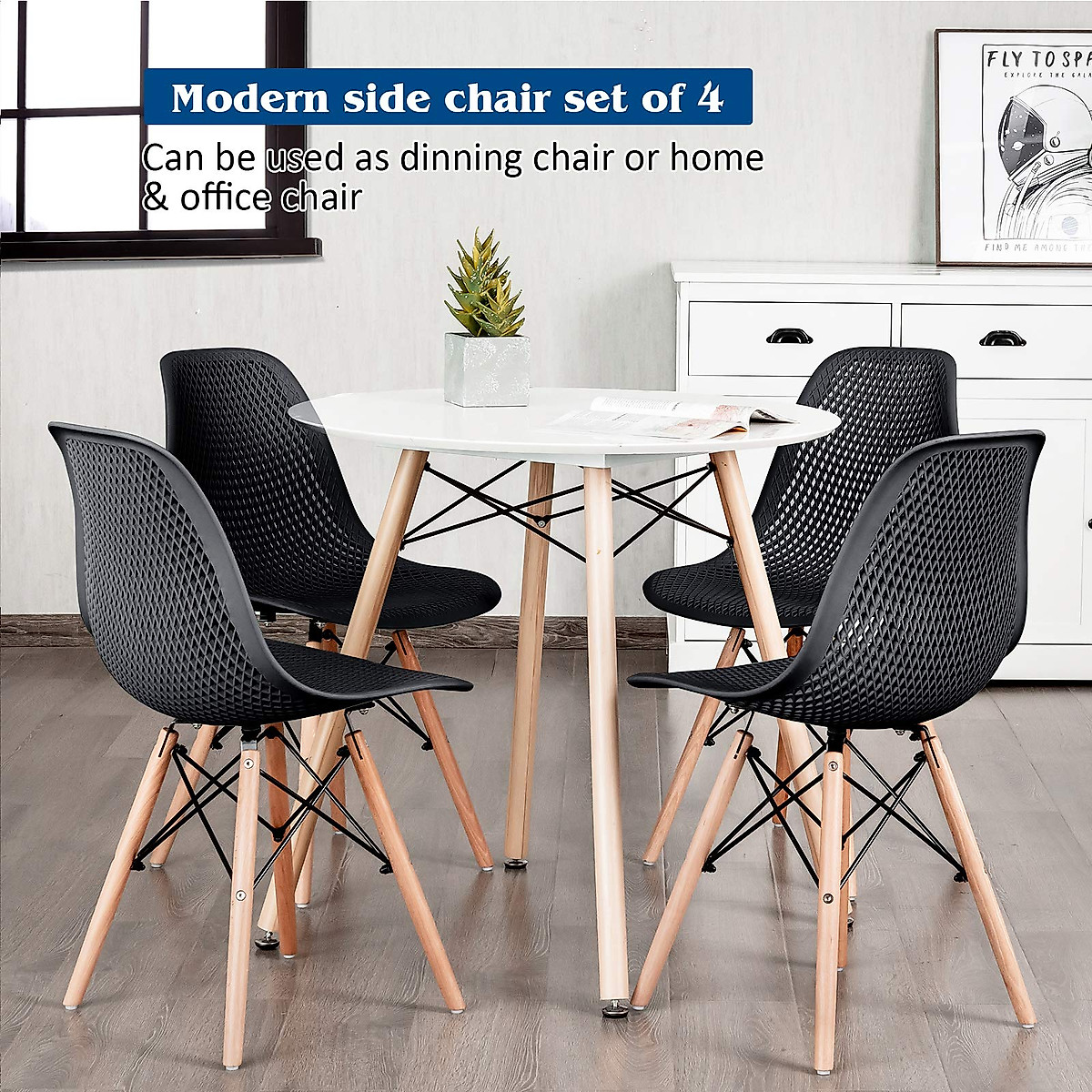 Giantex Set of 4 Modern Dining Chairs, Outdoor Indoor Shell PP Lounge Side Chairs with Mesh Design, Beech Wood Legs, Tulip Leisure Chairs, DSW Dining Chairs for Kitchen, Dining Room, Black