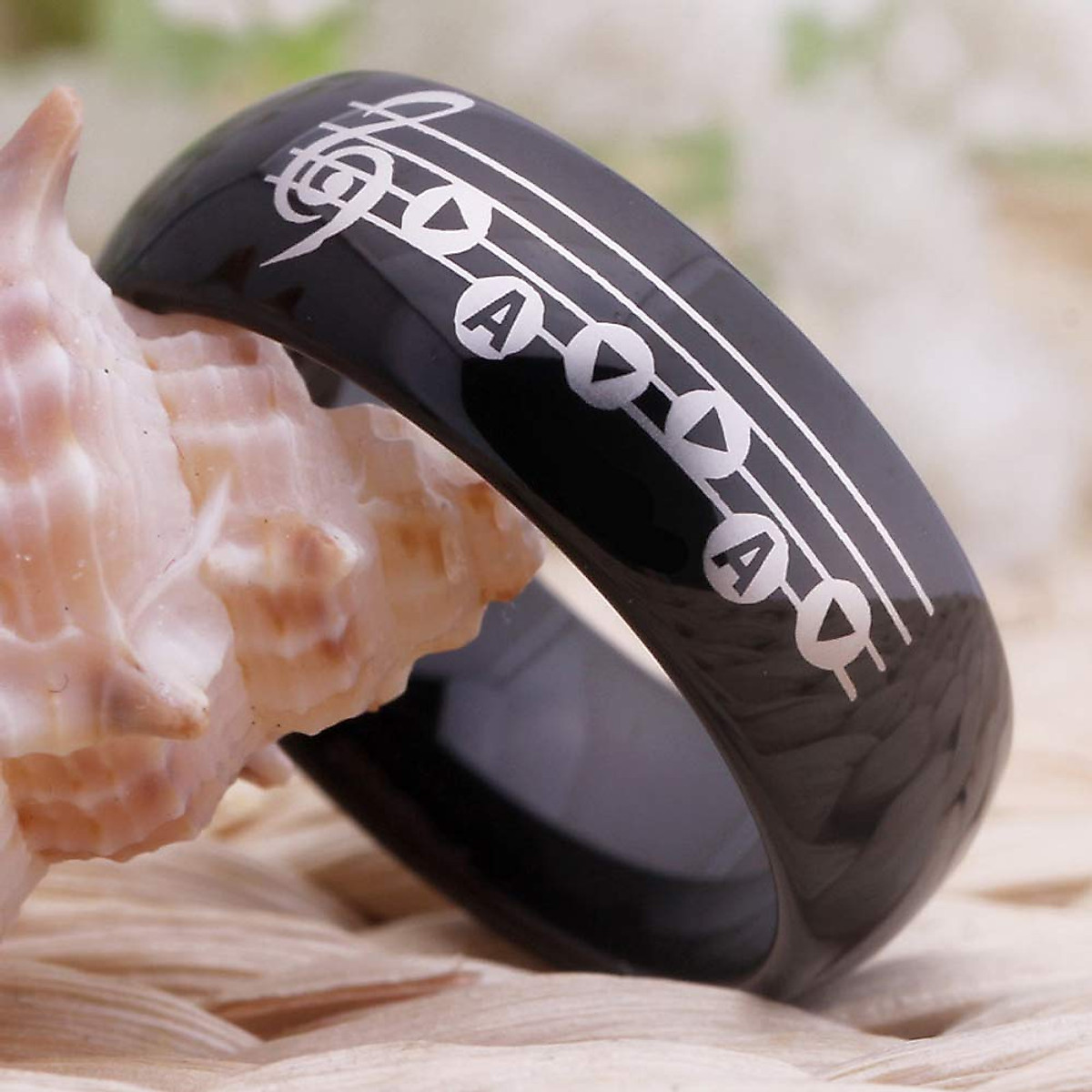 Tungsten Wedding Ring 8mm Width Black/Blue/Silver Dome Legend of Zelda Song Ring Storms & Triforce Design Ring Music Ring- FREE Inside Engraving (Black, 7)