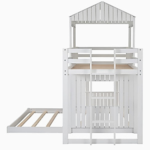 FANYHOME Twin Over Full Bunk Beds for Kids Toddlers, Wooden Play Farm House Bunk Bed with Roof Window Guardrail Ladder, for Girls Boys, No Spring Box Required, White
